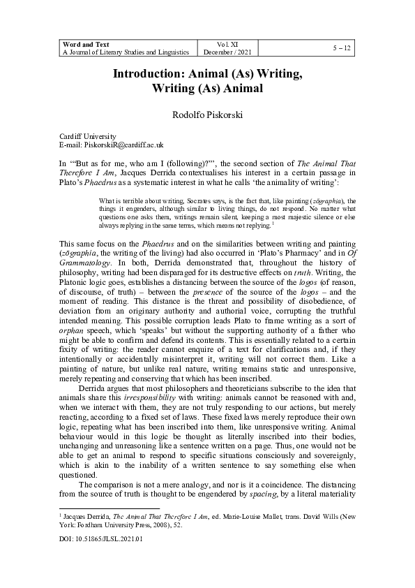 (PDF) Introduction: Animal (As) Writing, Writing (As) Animal