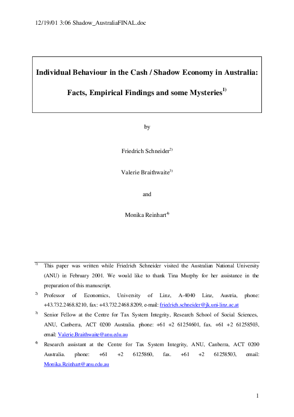 (PDF) Individual Behaviour in the Cash / Shadow Economy in Australia ...