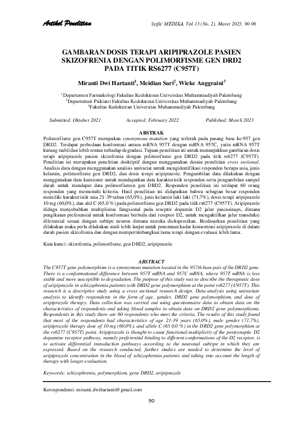 (PDF) Gambaran Dosis Terapi Aripiprazole Pasien Skizofrenia Dengan Polimorfisme Gen DRD2 Pada ...