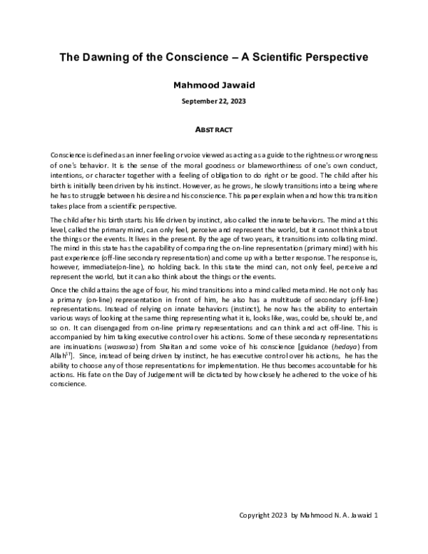 (PDF) The Dawning of the Conscience - A Scientific Perspective