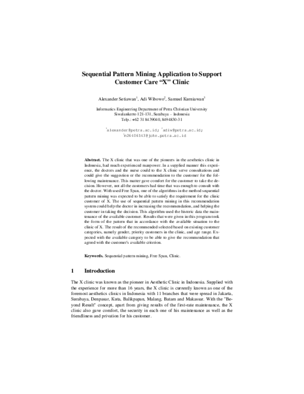 Pdf Sequential Pattern Mining Application To Support Customer Care “x” Clinic Samuel 3607