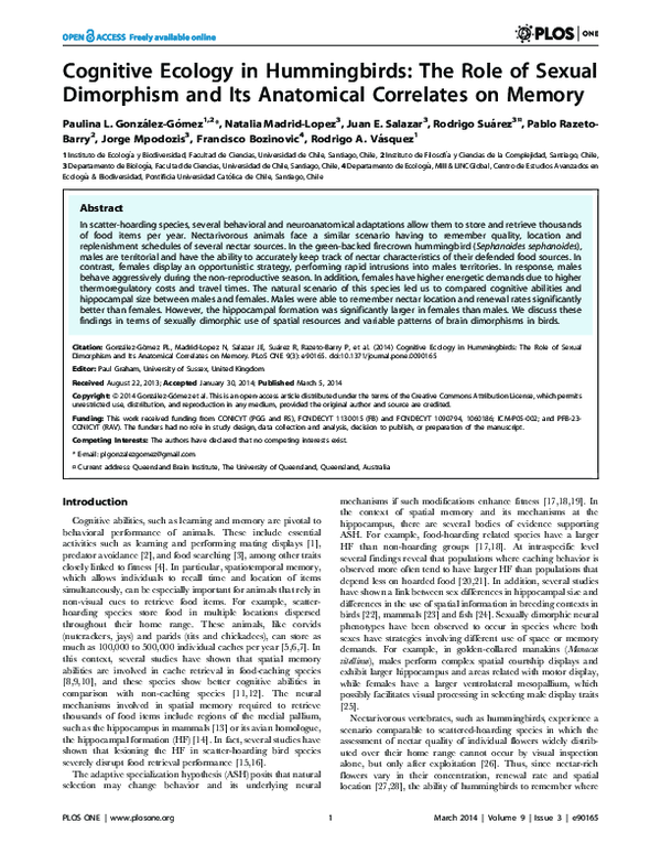 Pdf Cognitive Ecology In Hummingbirds The Role Of Sexual Dimorphism And Its Anatomical