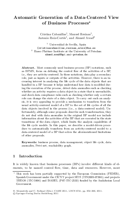 (PDF) Automatic generation of a data-centered view of business processes | Ahmed Awad - Academia.edu