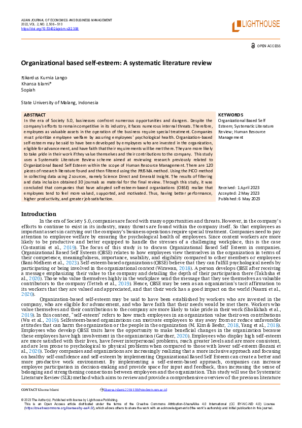 (PDF) Organizational Self-Esteem: A Literature Review