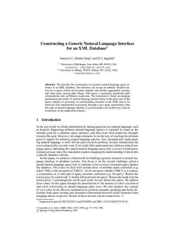 (PDF) Constructing a Generic Natural Language Interface for an XML Database