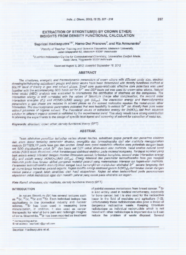 Pdf Extraction Of Strontium Ii By Crown Ether Insights From Density