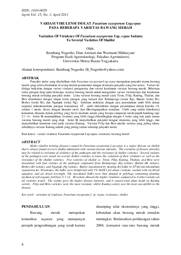 (PDF) VARIASI VIRULENSI ISOLAT Fusarium oxysporum f.sp.cepae PADA ...