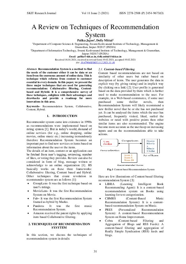 (PDF) A Review on Techniques of Recommendation System