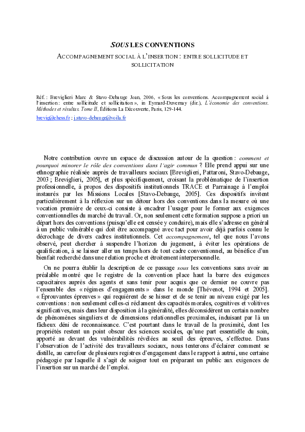 (PDF) Sous les conventions. Accompagnement social à l’insertion : entre ...
