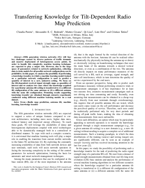 (PDF) Transferring knowledge for tilt-dependent radio map prediction