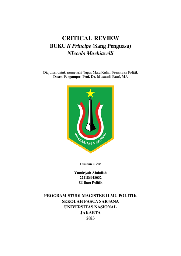 (PDF) Critical Review Sang Penguasa - Buku II Princpe NIccolo Machiavelli