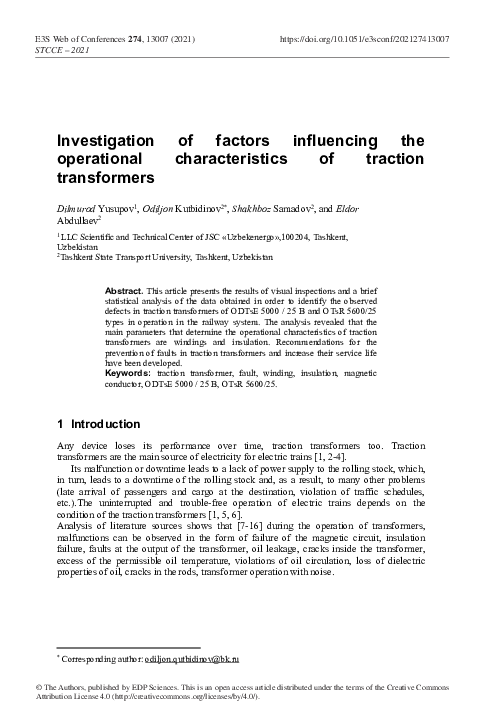 (PDF) Investigation of factors influencing the operational characteristics of traction transformers
