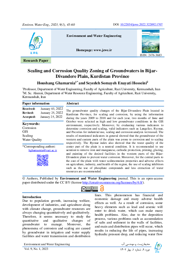 (PDF) Scaling and Corrosion Quality Zoning of Groundwaters in Bijar-Divandere Plain, Kurdistan ...