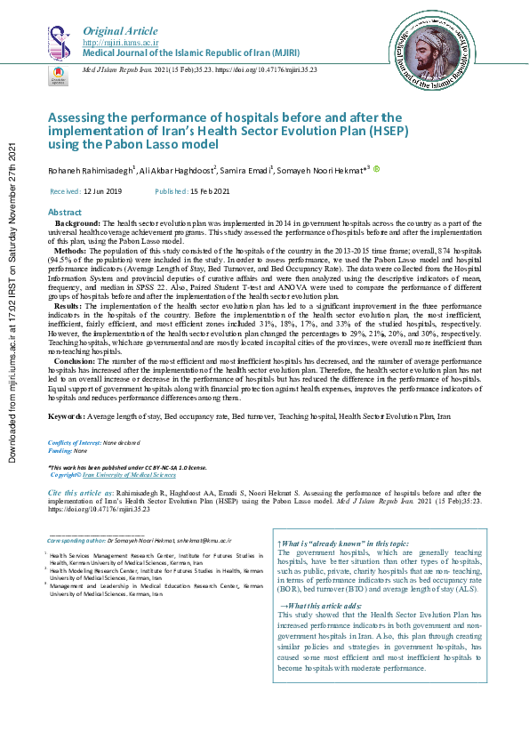 (PDF) Assessing the performance of hospitals before and after the ...