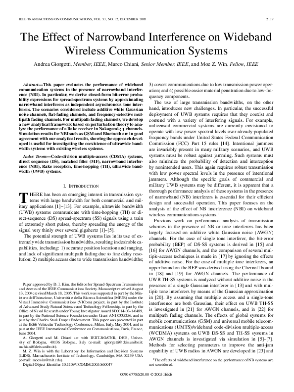 (PDF) The Effect of Narrowband Interference on Wideband Wireless Communication Systems