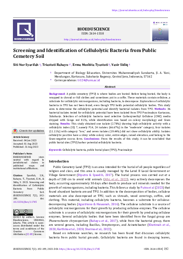 (PDF) Screening and Identification of Cellulolytic Bacteria from Public Cemetery Soil