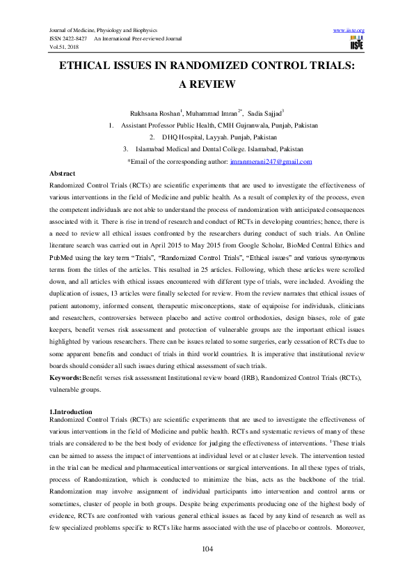 (PDF) Ethical Issues in Randomized Control Trials: A Review