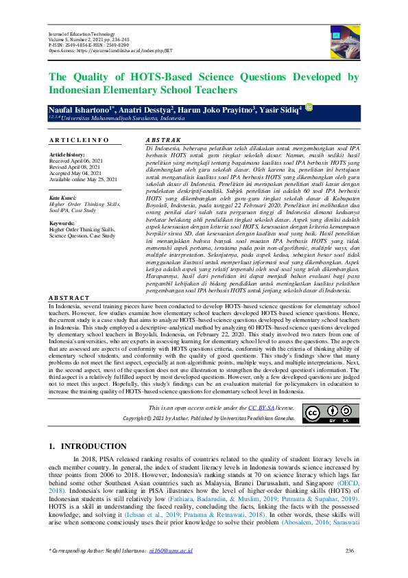(PDF) The Quality of HOTS-Based Science Questions Developed by ...