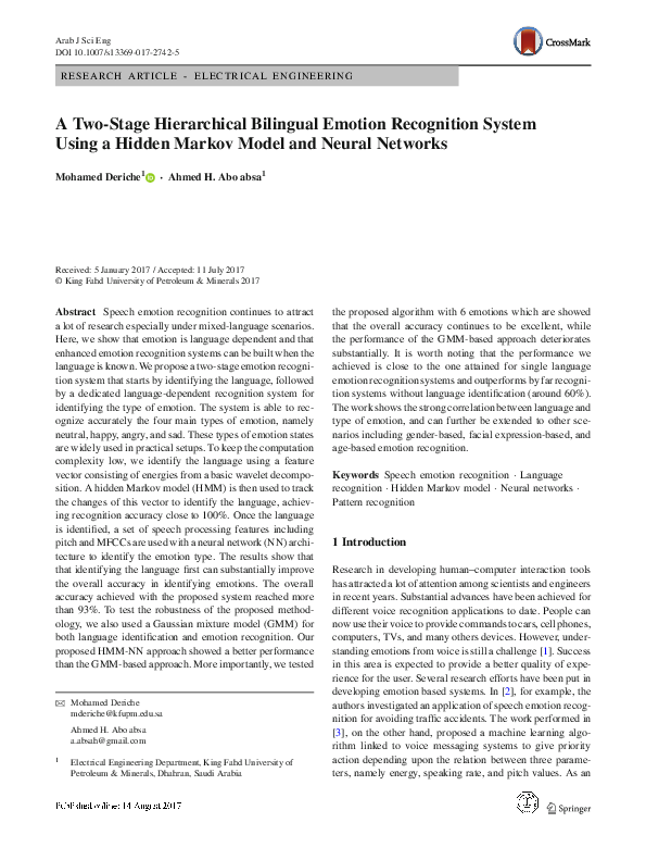 (PDF) A Two-Stage Hierarchical Bilingual Emotion Recognition System Using a Hidden Markov Model ...