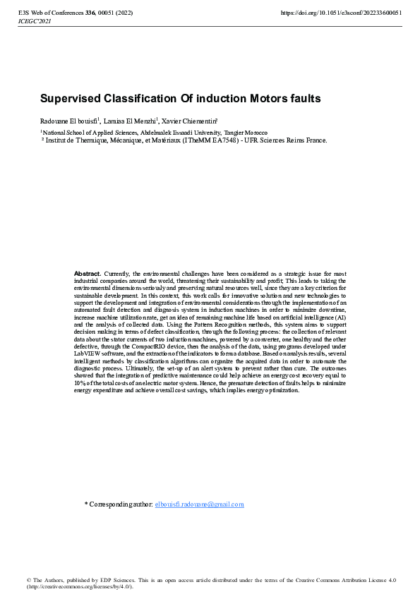 Pdf Supervised Classification Of Induction Motors Faults