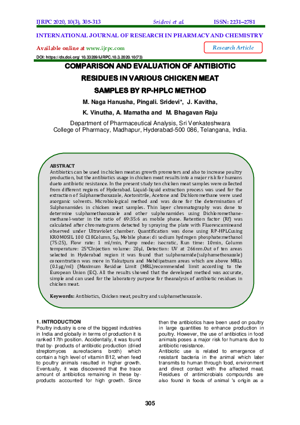 Pdf Comparison And Evaluation Of Antibiotic Residues In Various Chicken Meat Samples By Rp