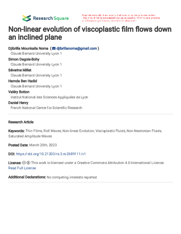 (PDF) Non-linear evolution of viscoplastic film flows down an inclined plane