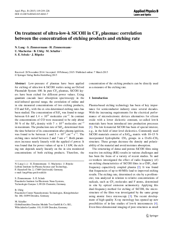 (PDF) On treatment of ultra-low-k SiCOH in CF4 plasmas: correlation between the concentration of ...