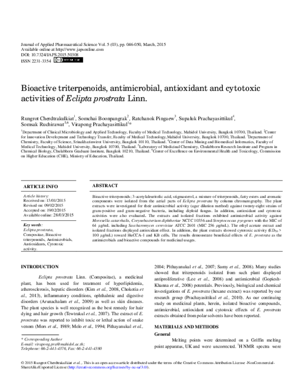 (PDF) Bioactive triterpenoids, antimicrobial, antioxidant and cytotoxic activities of Eclipta ...