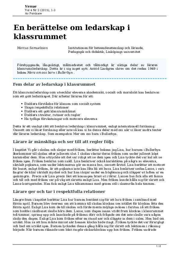 (PDF) En berättelse om ledarskap i klassrummet