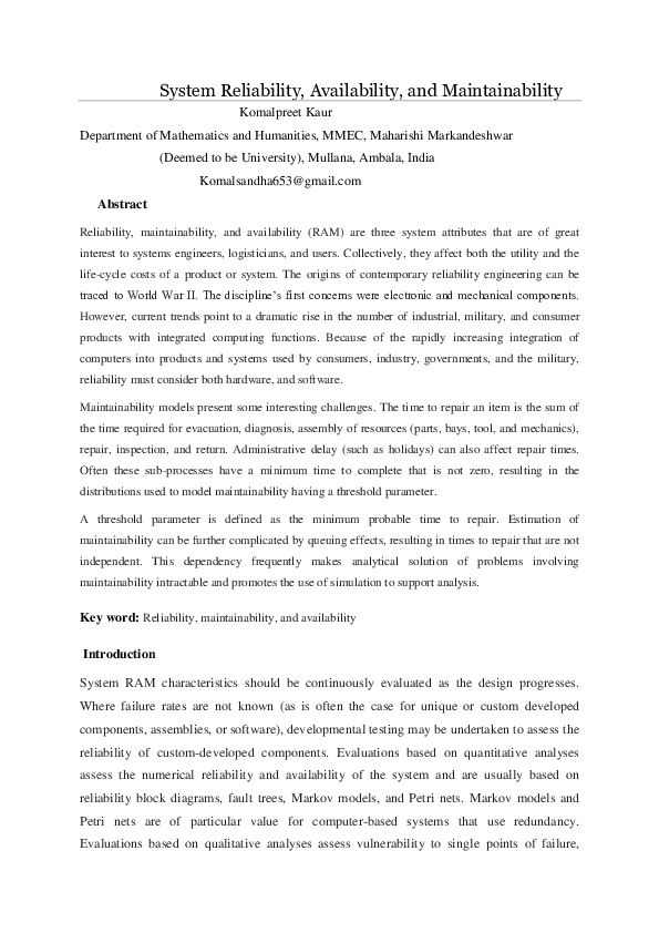 (PDF) System Reliability, Availability, and Maintainability