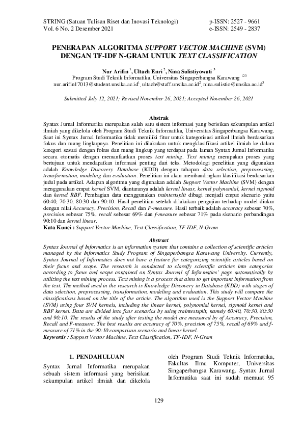(PDF) Penerapan Algoritma Support Vector Machine (SVM) dengan TF-IDF N-Gram untuk Text ...