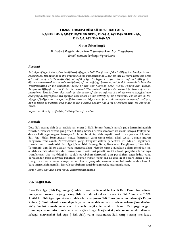(PDF) TRANSFORMASI RUMAH ADAT BALI AGA KASUS: DESA ADAT BAYUNG GEDE, DESA ADAT PANGLIPURAN, DESA ...