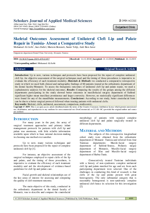 (PDF) Skeletal Outcomes Assessment of Unilateral Cleft Lip and Palate Repair in Tunisia- About a ...
