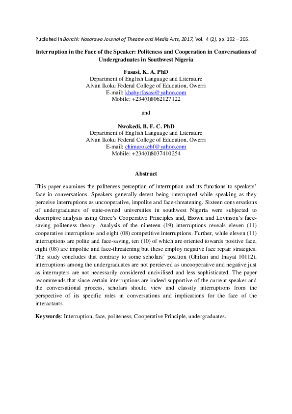 (PDF) Interruption in the Face of the Speaker: Politeness and ...