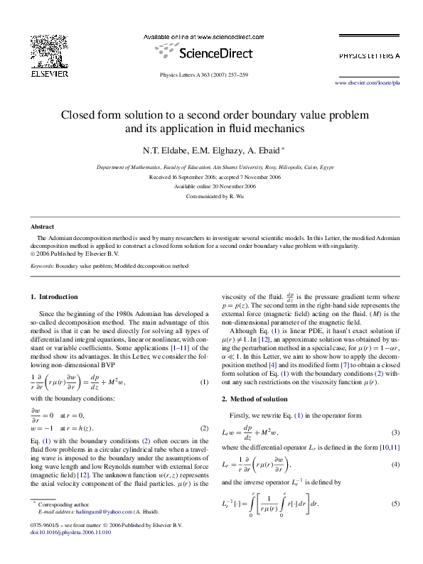 (PDF) Closed form solution to a second order boundary value problem and its application in fluid ...