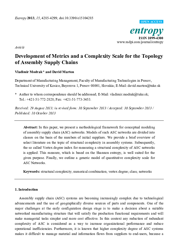 (PDF) Article Development of Metrics and a Complexity Scale for the Topology of Assembly Supply ...
