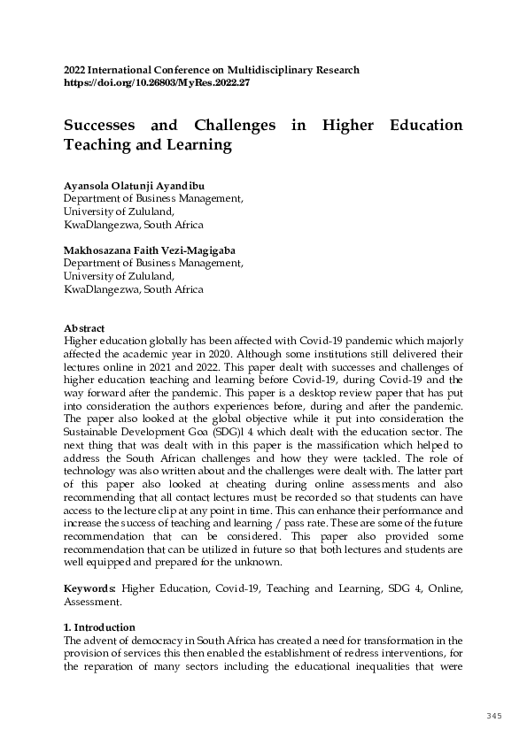 (PDF) Successes and Challenges in Higher Education Teaching and Learning