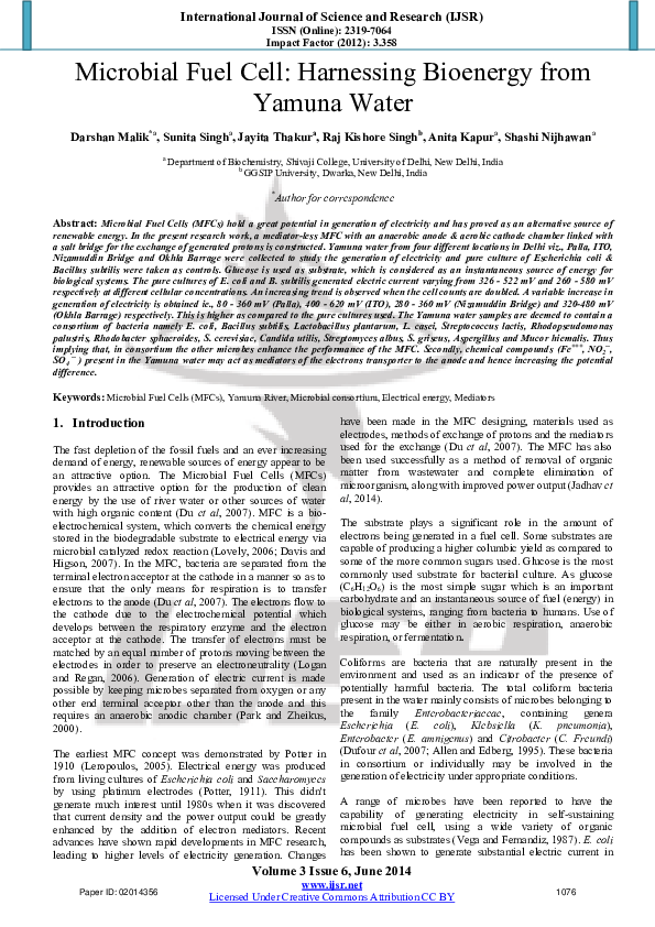 (PDF) Microbial Fuel Cell: Harnessing Bioenergy from Yamuna Water | Raj Kishore Singh - Academia.edu