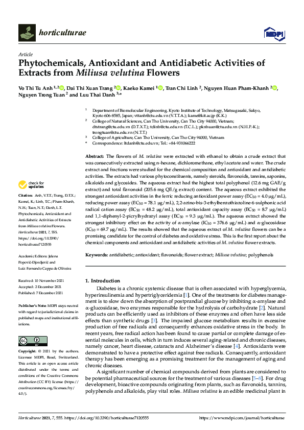 (PDF) Phytochemicals, Antioxidant and Antidiabetic Activities of Extracts from Miliusa velutina ...