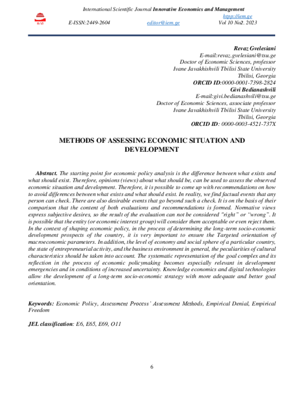(PDF) Methods of Assessing Economic Situation and Development