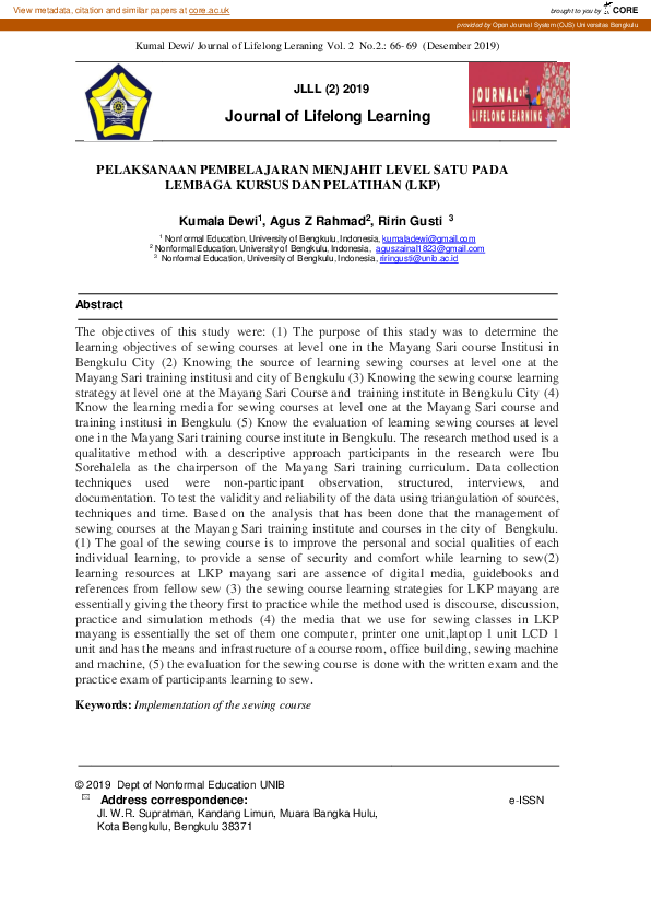 (PDF) Pelaksanaan Pembelajaran Menjahit Level Satu Pada Lembaga Kursus ...