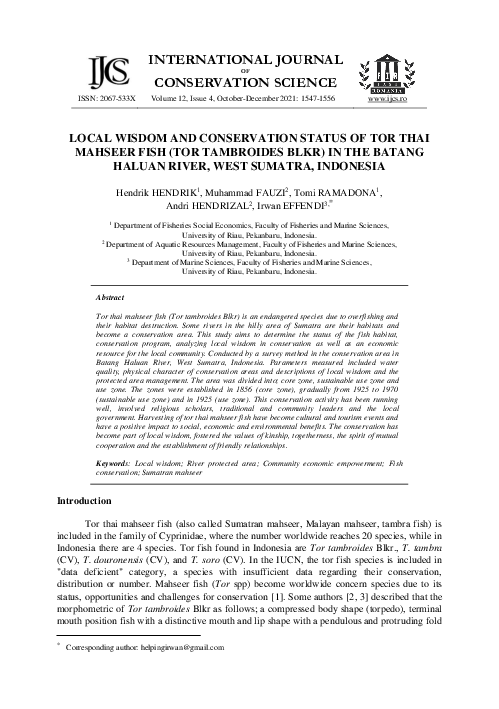 (PDF) Local Wisdom and Conservation Status of Tor Thai Mahseer Fish ...
