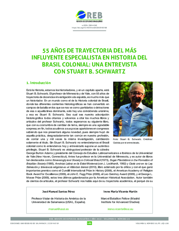(PDF) ENTREVISTA A STUART B. SCHWARTZ. 55 AÑOS DE TRAYECTORIA DEL MÁS ...