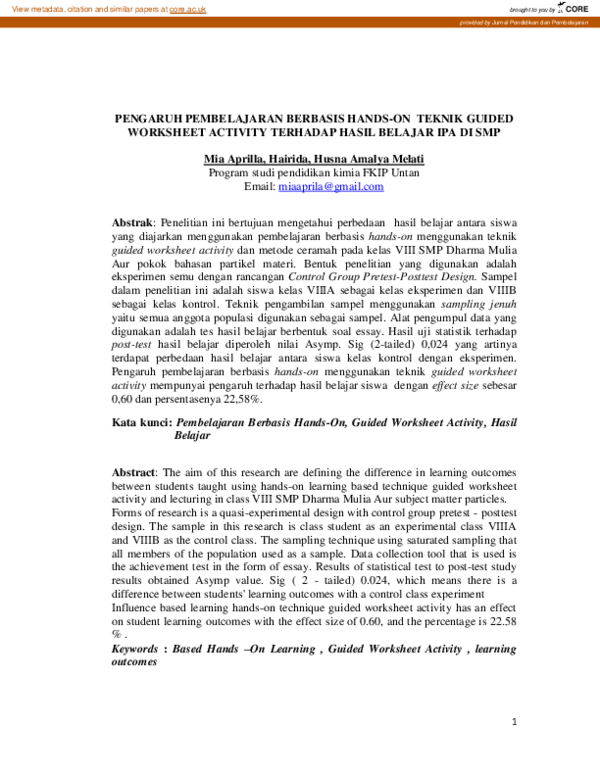 (PDF) Pengaruh Pembelajaran Berbasis Hands-On Teknik Guided Worksheet Activity Terhadap Hasil ...