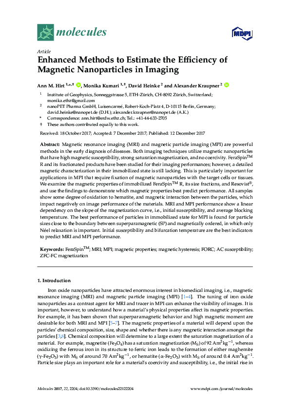 (PDF) Enhanced Methods to Estimate the Efficiency of Magnetic Nanoparticles in Imaging