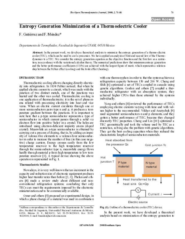(PDF) Entropy Generation Minimization of a Thermoelectric Cooler