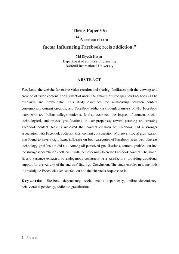 (PDF) "A research on factor Influencing Facebook reels addiction."