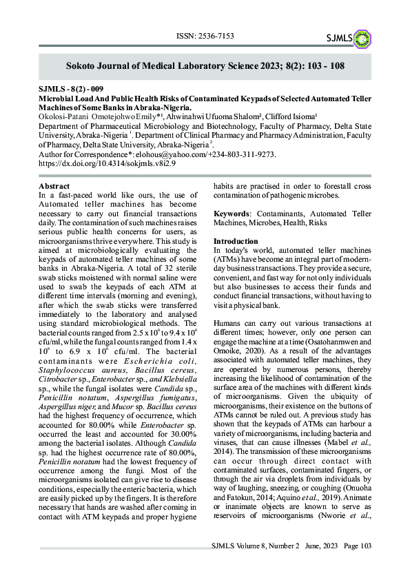 (PDF) Microbial Load And Public Health Risks of Contaminated Keypads of Selected Automated ...