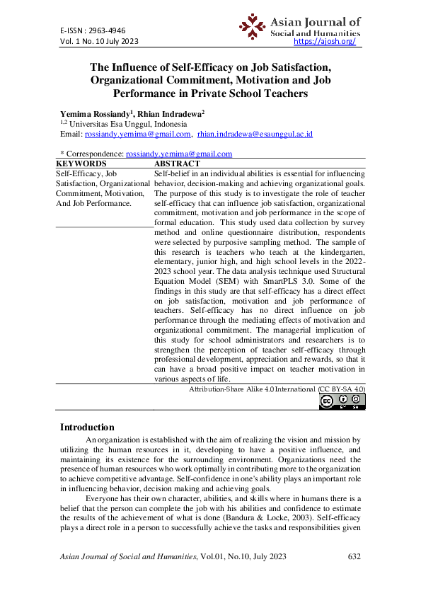 (PDF) The Influence of Self-Efficacy on Job Satisfaction, Organizational Commitment, Motivation ...