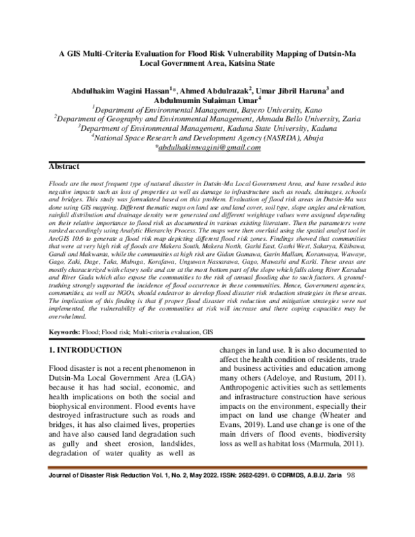 Pdf A Gis Multi Criteria Evaluation For Flood Risk Vulnerability Mapping Of Dutsin Ma Local